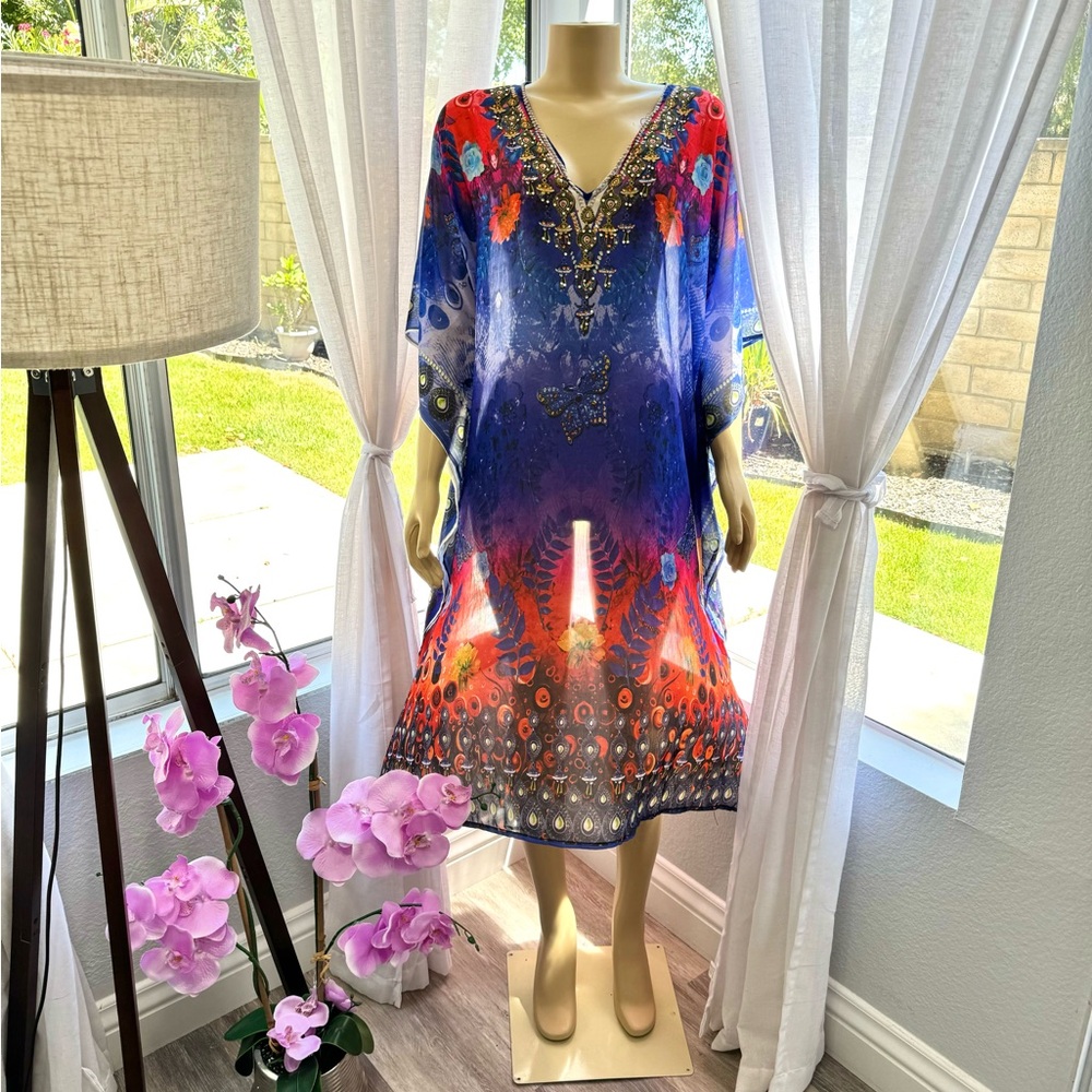 Vintage In Gear Kaftan Sheer Dress Butterfly Floral P… - Gem